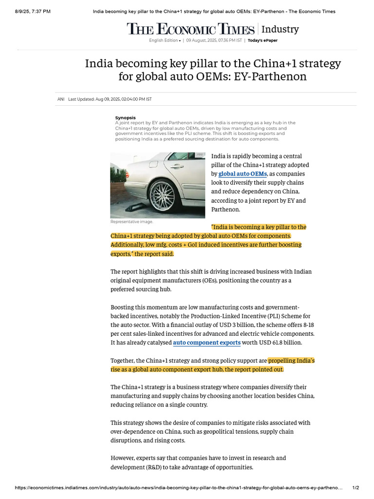 READING ONE India Key Pillar to China+1 Strategy for Global Auto OEMs ...