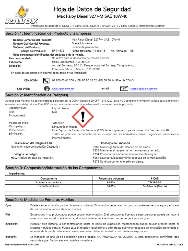 Hds Raloy 10w40 | PDF | Agua | Contaminación