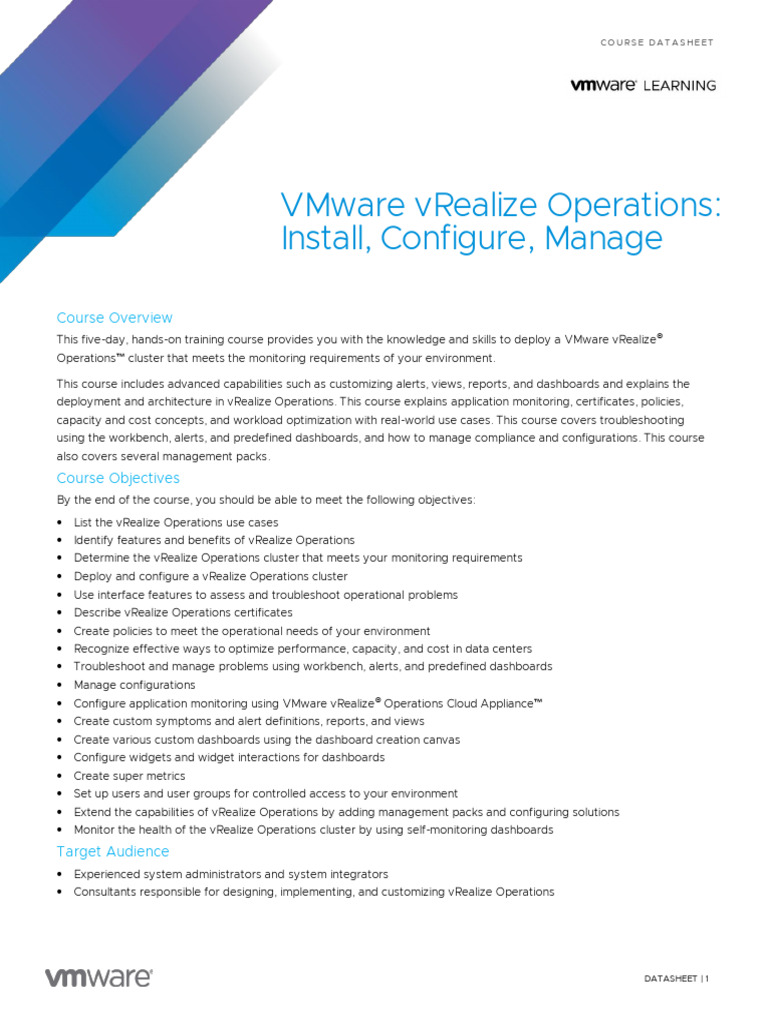 EDU - DATASHEET VMware VRealize Operations Install Configure Manage v8.6 | PDF | Cloud Computing ...