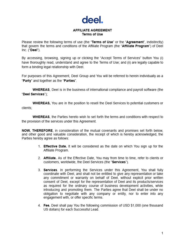 Deel Affiliate Agreement | PDF | Indemnity | Private Law