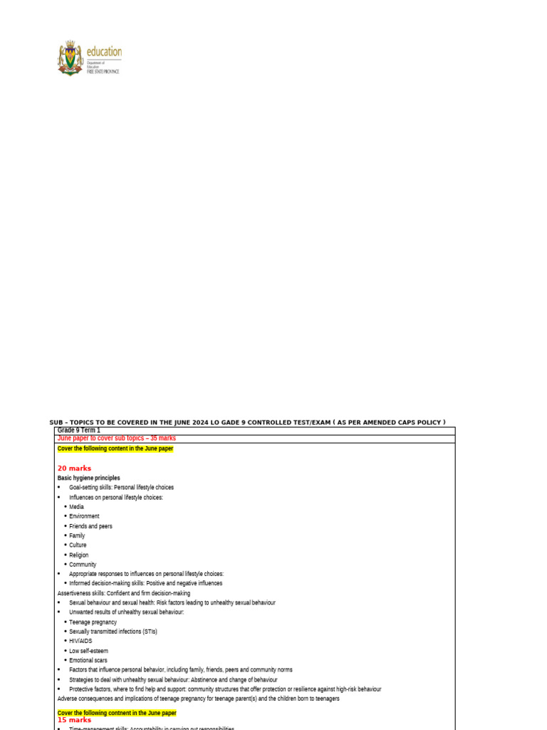 June 2024 Grade 9 Exam Topics Overview | PDF | Human Sexual Activity ...