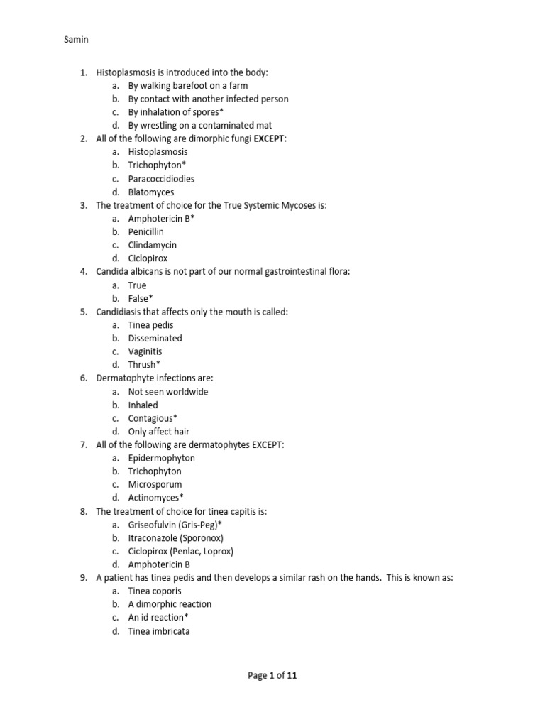 Mycology Vlahovic Questions - Samin 2 | PDF | Diseases And Disorders | Human Diseases And Disorders