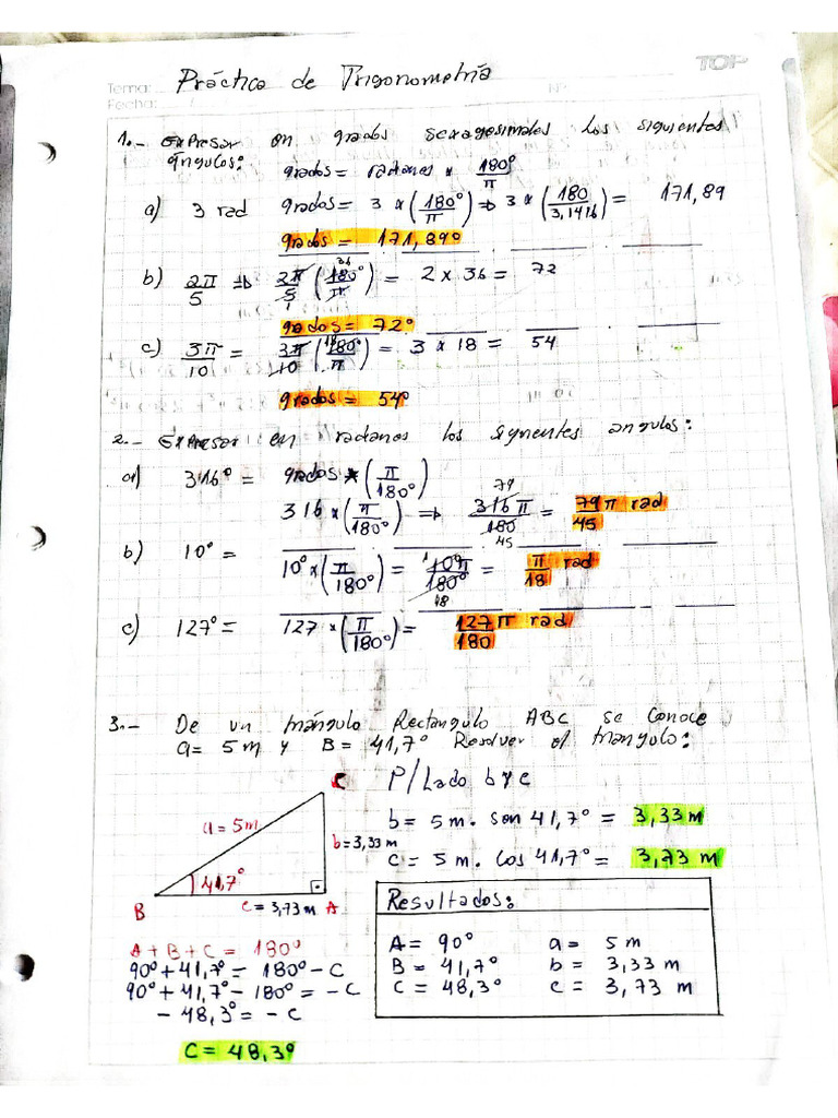 Práctica de Trigonometría | PDF