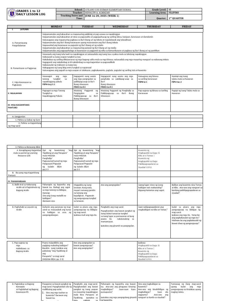 DLL - Filipino 6 - Q1 - W1 | PDF