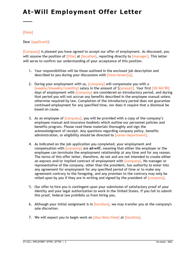 At-Will Employment Offer Letter | PDF | Employment | At Will Employment