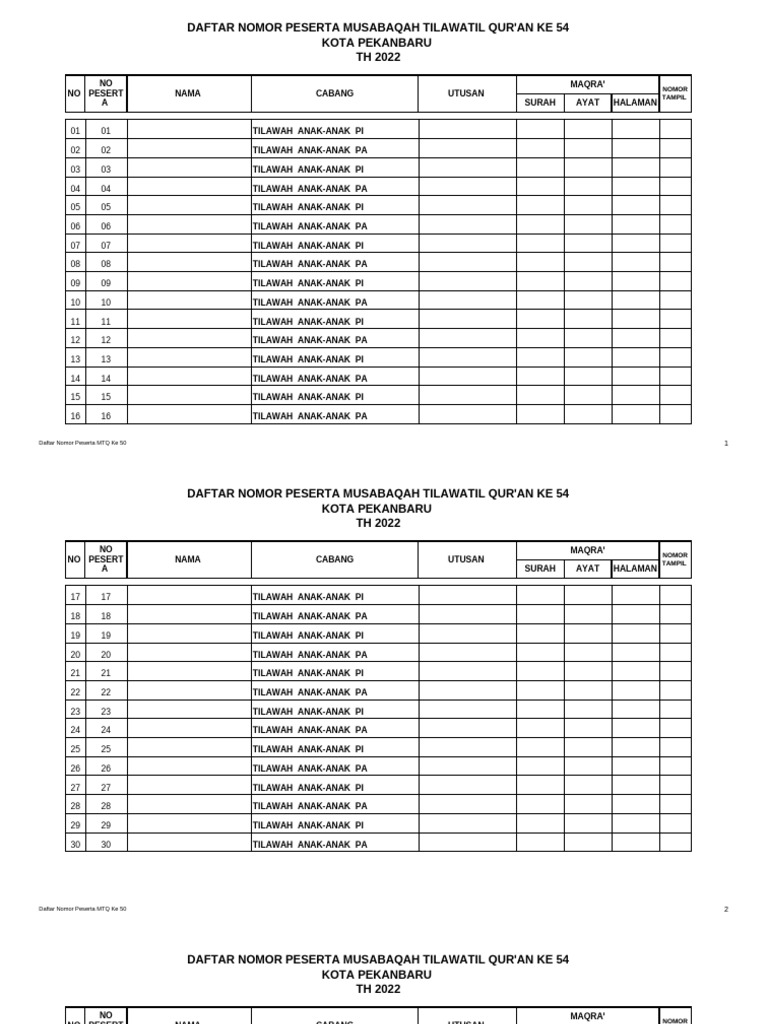 Daftar Peserta MTQ Ke-54 Pekanbaru | PDF