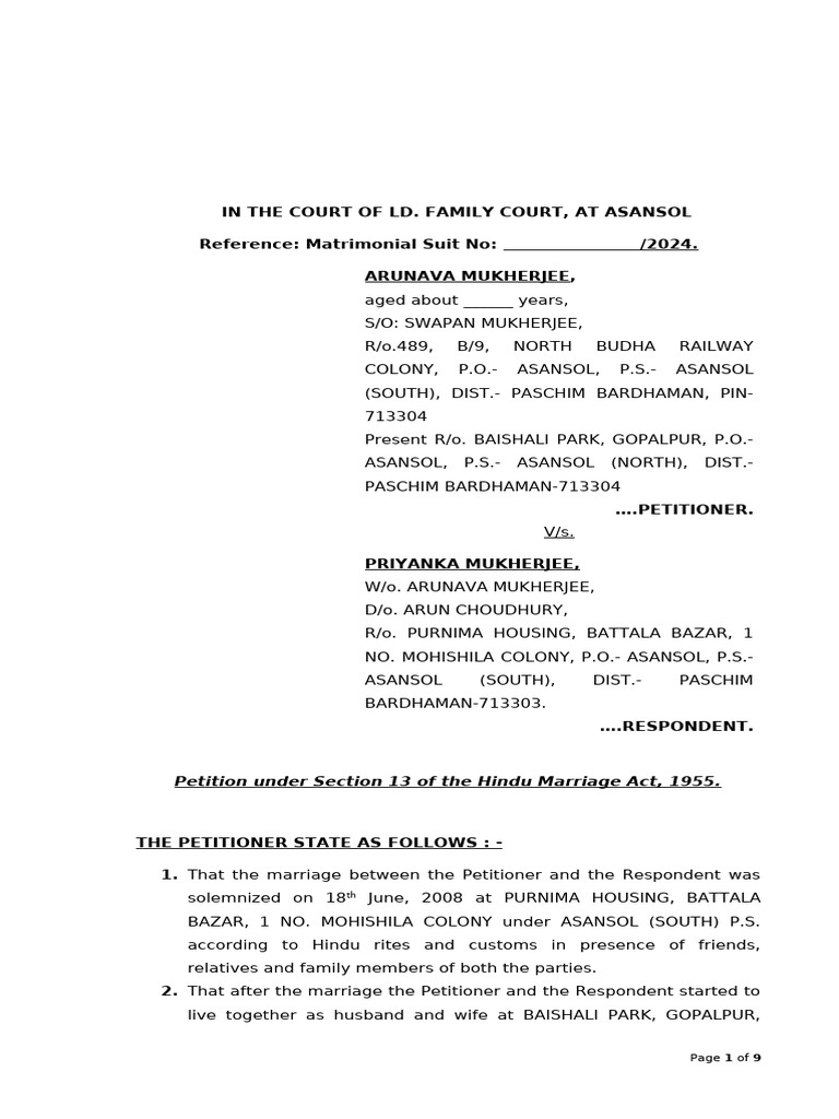 Divorce Petition Under Hindu Marriage Act | PDF | Divorce | Social ...