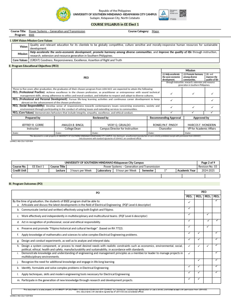 EE Elect 1 Power Systems Generation and Transmission 2024 2025 | PDF ...