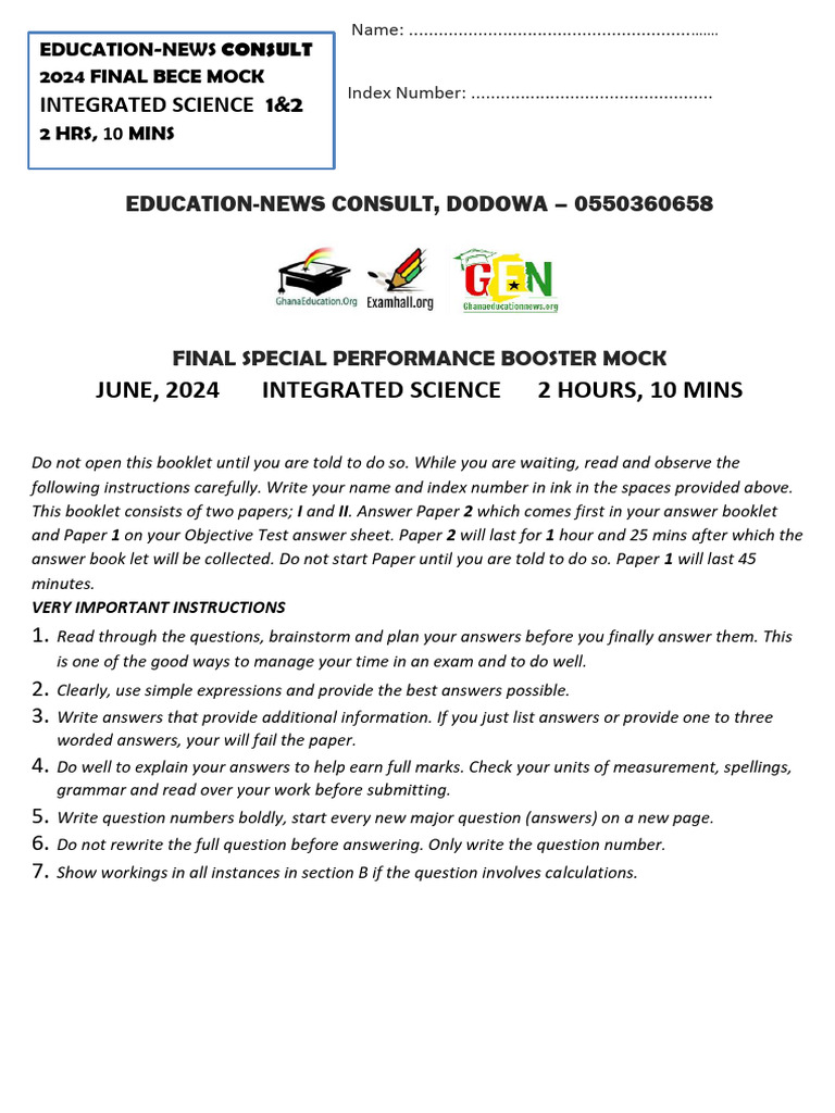 Integrated Science 2024 Bece Final Mock Questions | PDF | Soil | Water