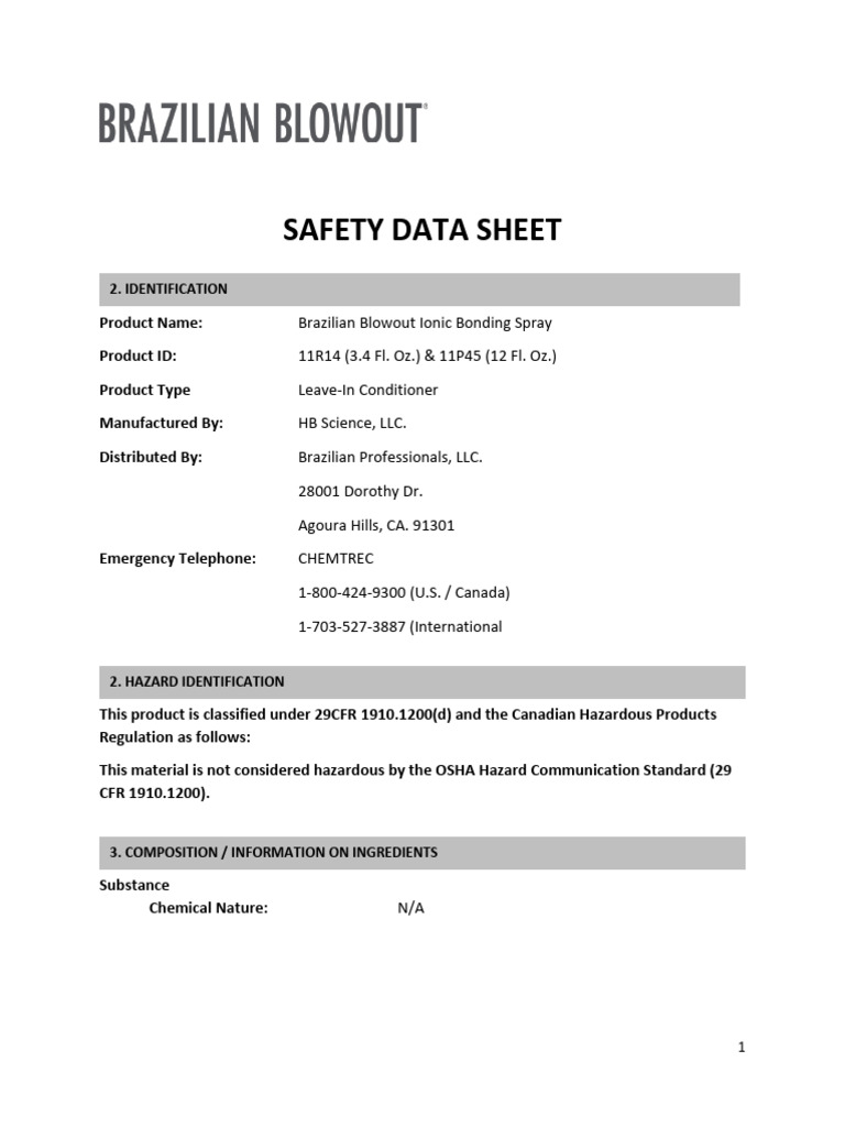 Brazilian Blowout Ionic Bonding Spray Msds | PDF | Toxicity | Superfund