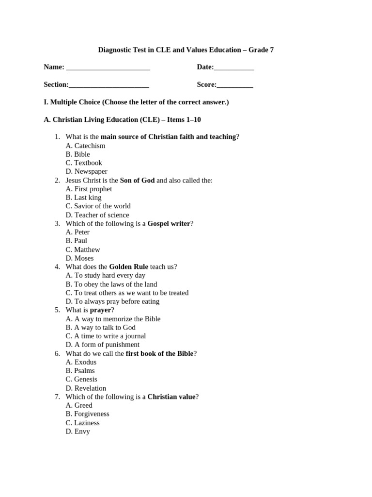 Grade 7 CLE Diagnostic Test | PDF | Jesus | Bible