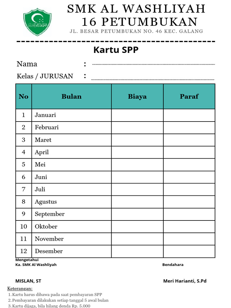 Kartu SPP SMK Al Washliyah 2023 | PDF