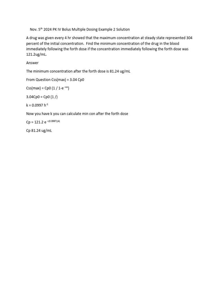 Nov. 5th 2024 PK IV Bolus Multiple Dosing Example 2 Solution | PDF