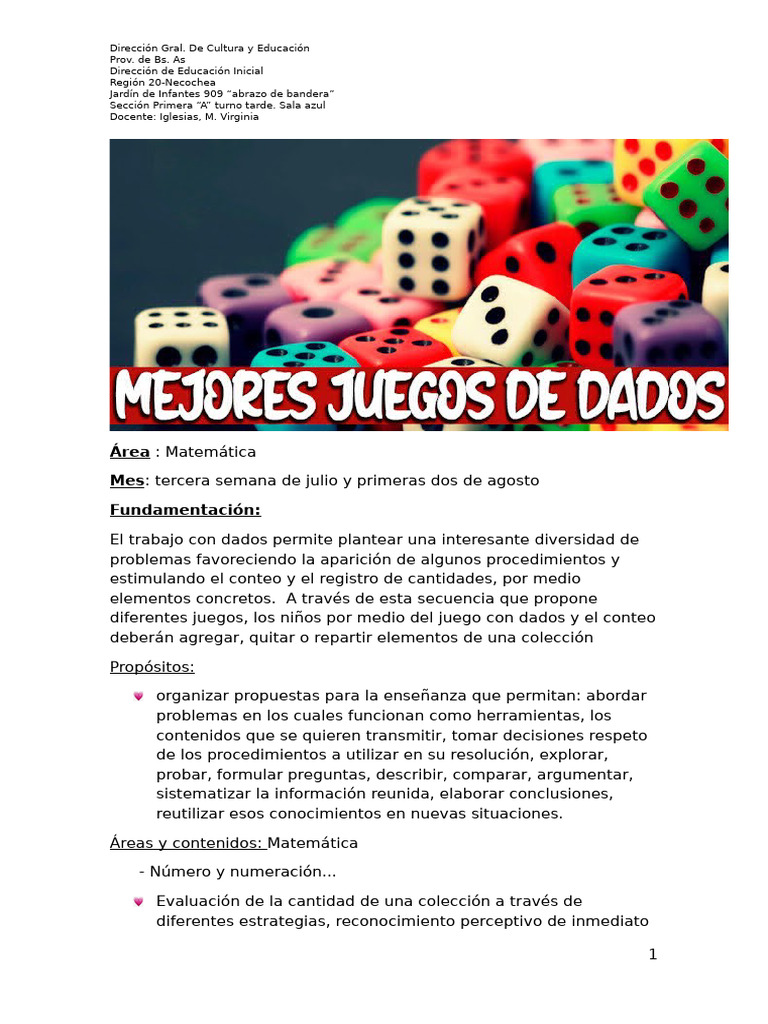 Juegos matemáticos con dados para niños | PDF | Educación de la primera ...