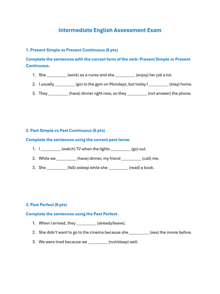 Intermediate English Assessment Exam | PDF | Perfect (Grammar ...