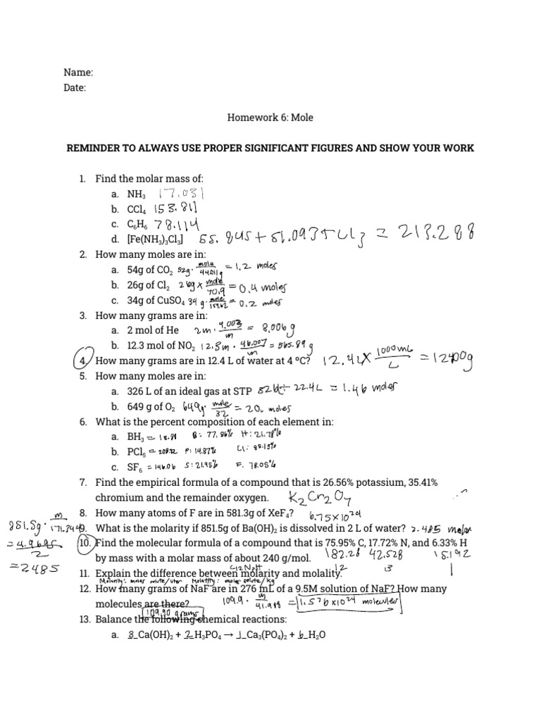 HW 6 Mole Questions | PDF | Mole (Unit) | Physical Sciences