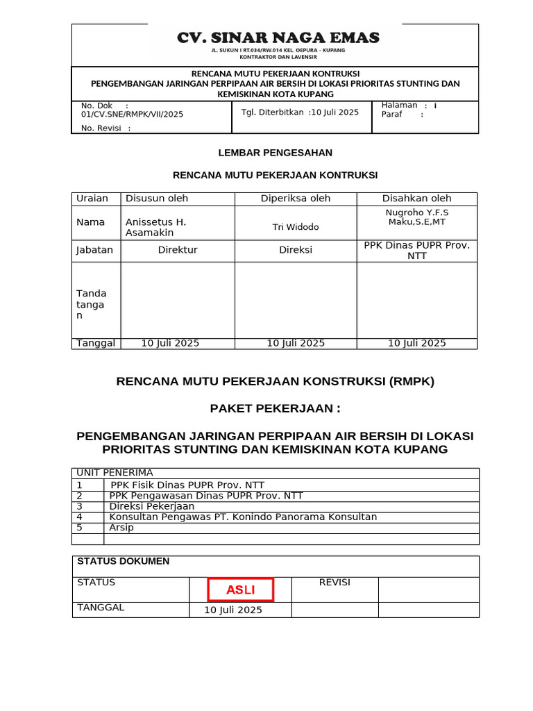 Rencana Mutu Pekerjaan Air Kupang | PDF