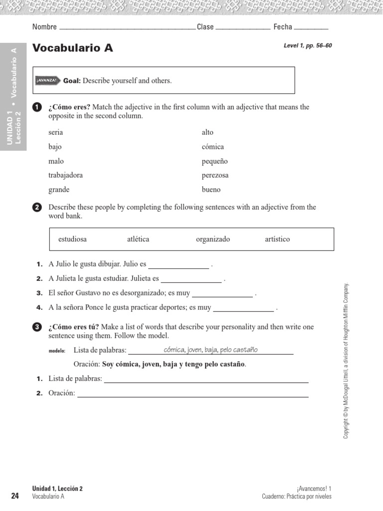 Avancemos 1 - Unit 1 Lesson 2 WB | PDF