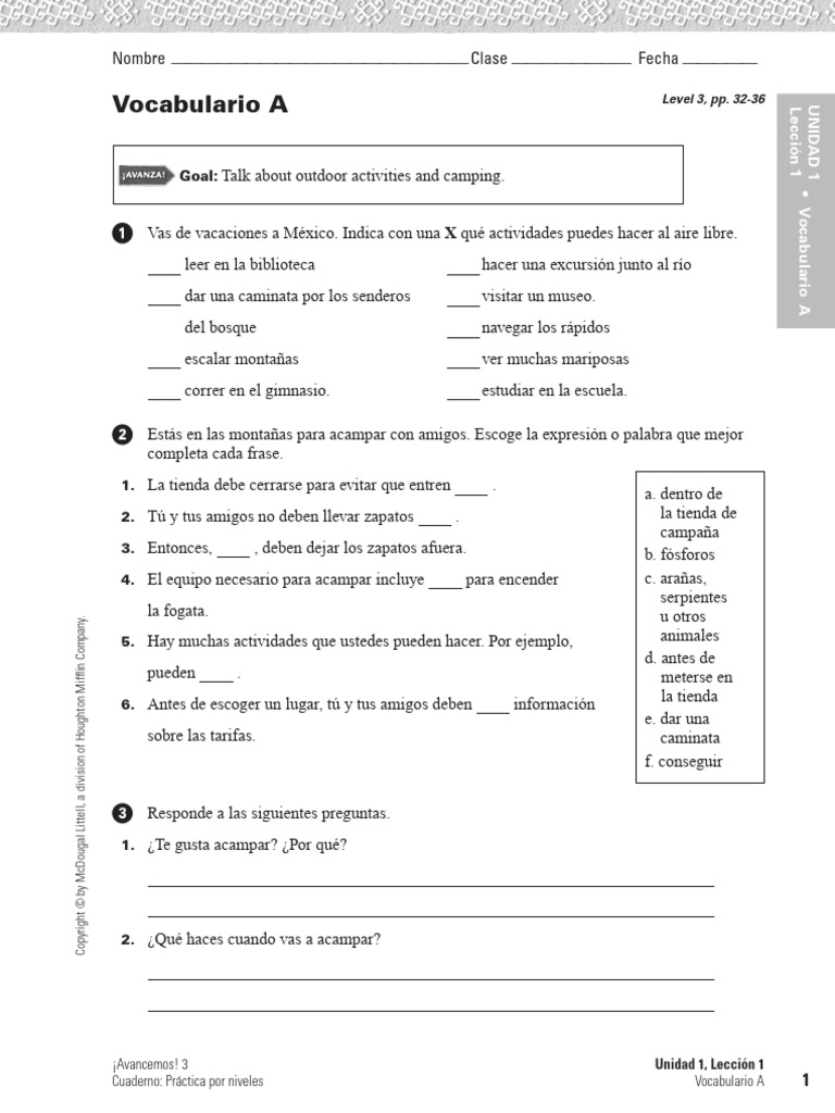 Unit 1 Lesson 1 2.PDF Workbook | PDF | Cámping