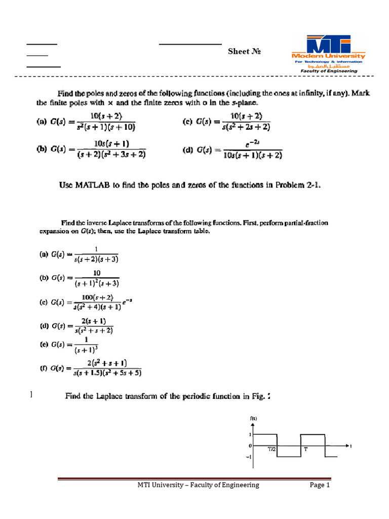 Automatic Control - Sheet.1 | PDF
