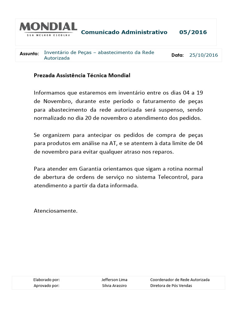 Comunicado_005-2016_-_Inventario_de_Pecas | PDF