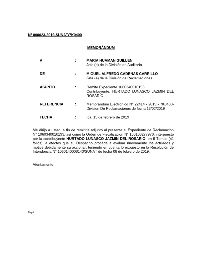 MEMO-HURTADO LUNASCO JAZMIN DEL ROSARIO Se Remite Expediente Declarado ...