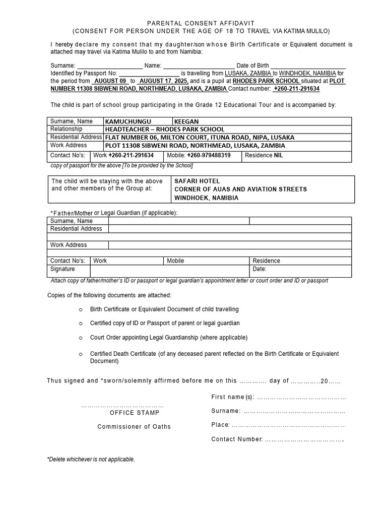 Travel Consent Parental Consent Affidavit RPSchool - Namibia | PDF ...