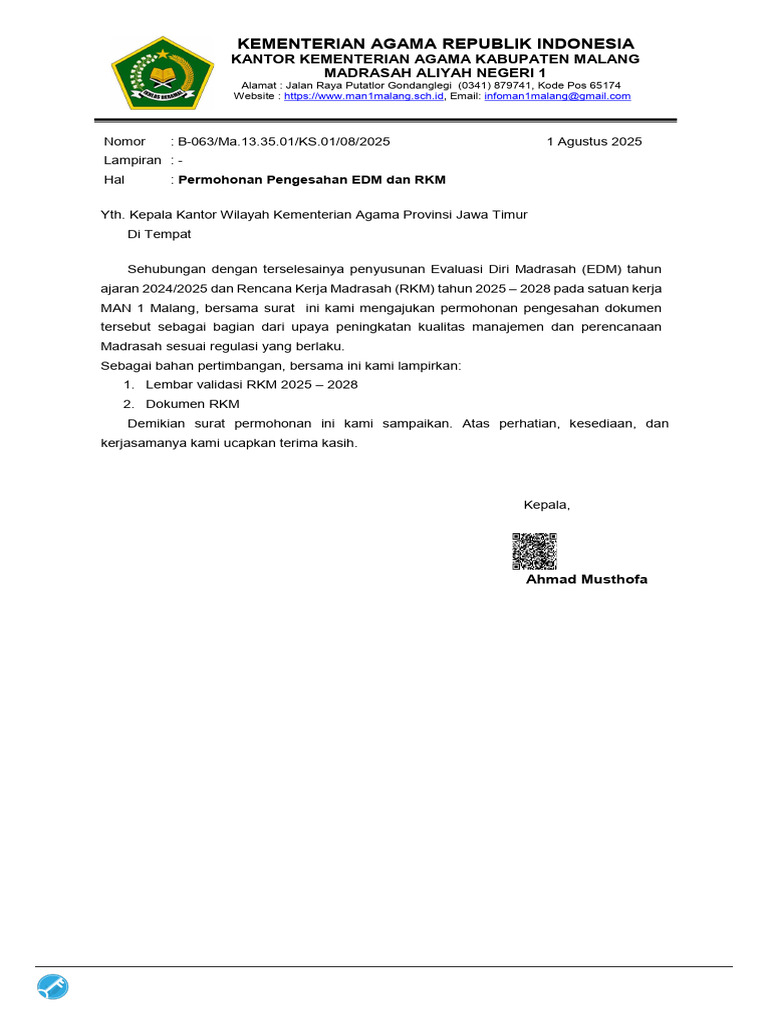 Surat Permohonan Pengesahan EDM Dan RKM-1 | PDF