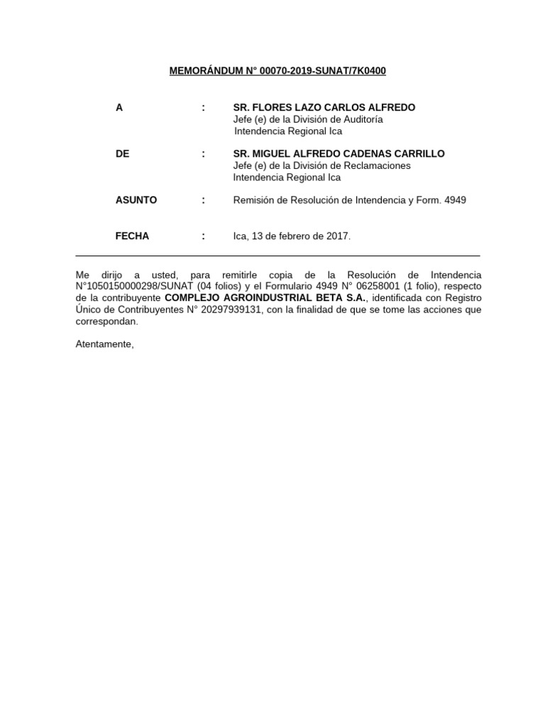 Memorándum Remision Formulario 4949 Devolucion Agroindustrial Beta | PDF