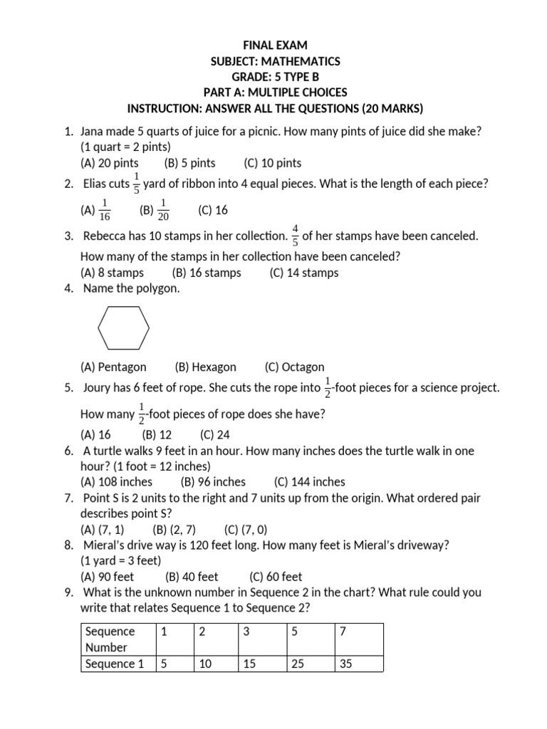 Mathematics Final Exam Grade 5 Type B | PDF | Rectangle | Elementary ...