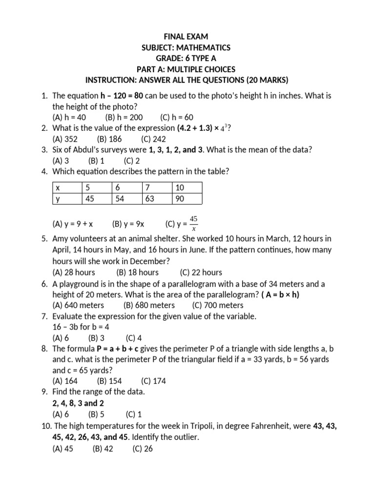 Mathematics Final Exam Grade 6 Type A | PDF | Area