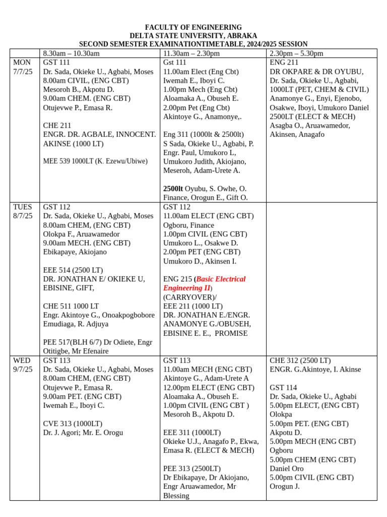 Delta State University Engineering Exam Timetable 2024/2025 | PDF