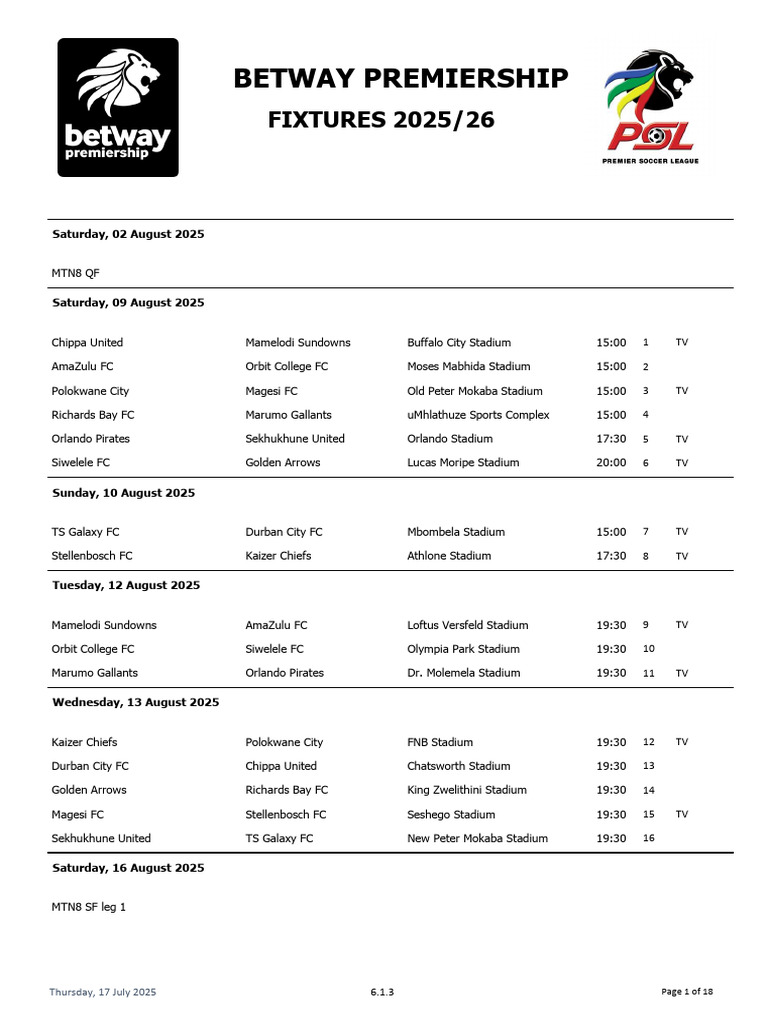 Betway Premiership Fixtures 2025/26 | PDF | Association Football Clubs ...