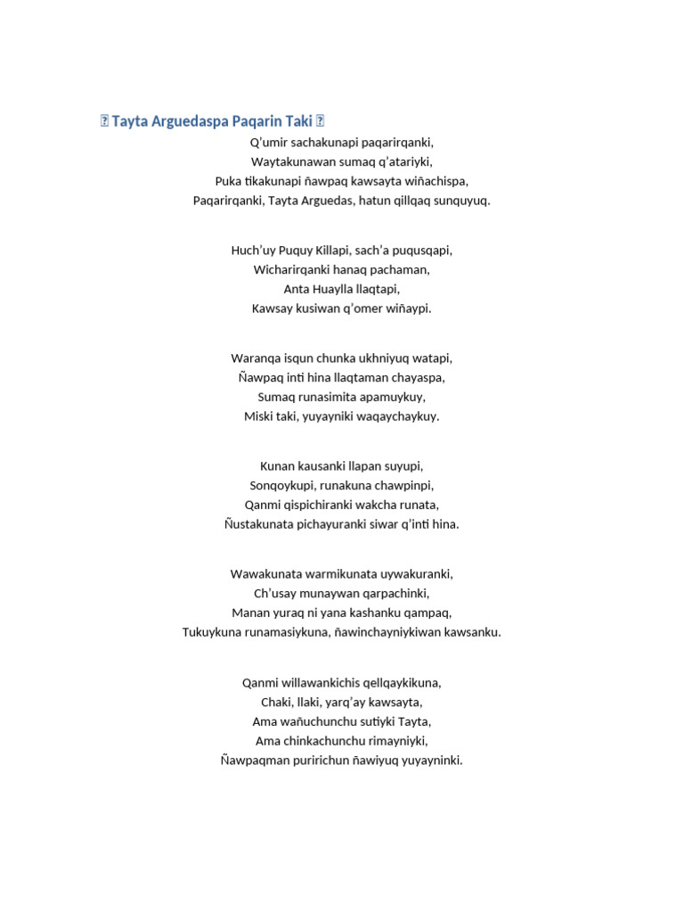 Tayta Arguedaspa Paqarin Taki | PDF