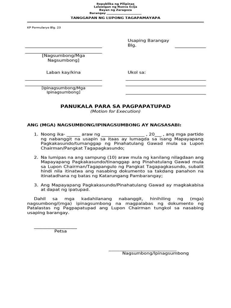 KP Porma 23 (Mungkahi NG Pagpapatupad) | PDF