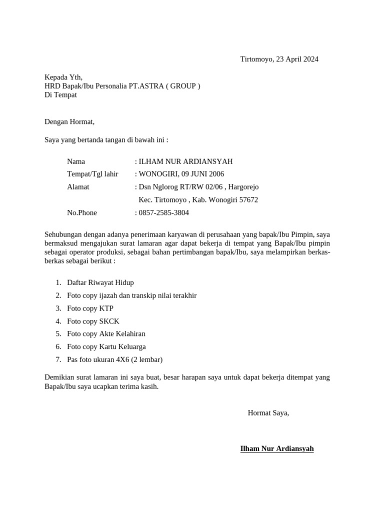 Surat Lamaran Kerja Ilham Nur Ardiansyah | PDF