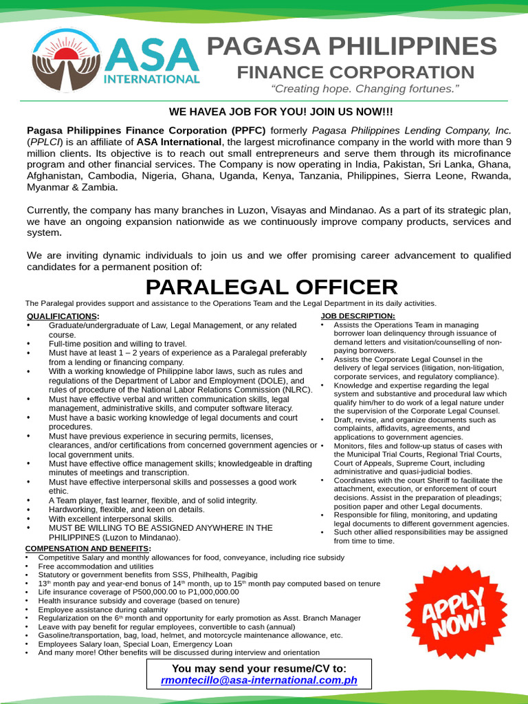 Paralegal Officer Position at Pagasa Finance | PDF | Paralegal ...