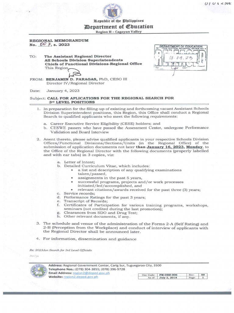 Rm. No. 007, S. 2023-Call For Applications For The Regional Search For ...