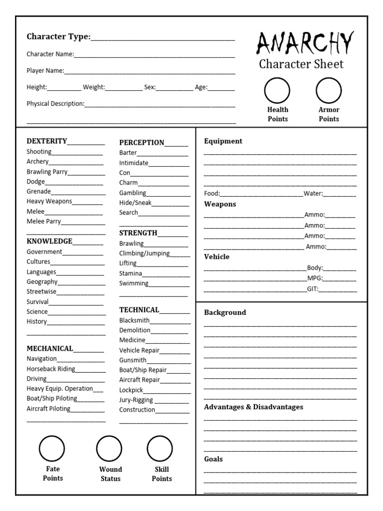 ANARCHY The Role Playing Game Character Sheet | PDF