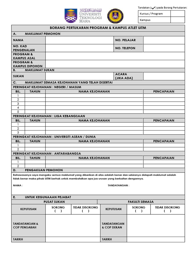 Format Borang Pertukaran Program & Kampus Atlet | PDF