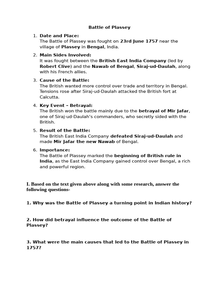 Notes Questions On Battle of Plassey | PDF