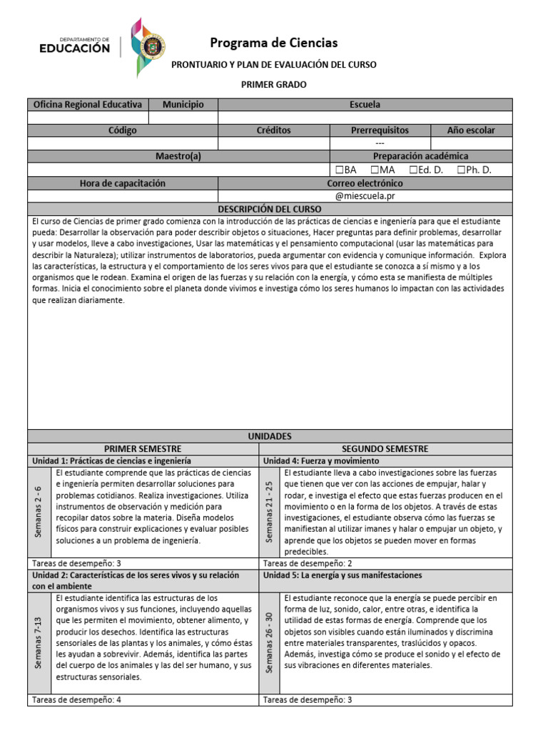 Prontuario Curso Ciencias Primer Grado | PDF | Entorno natural