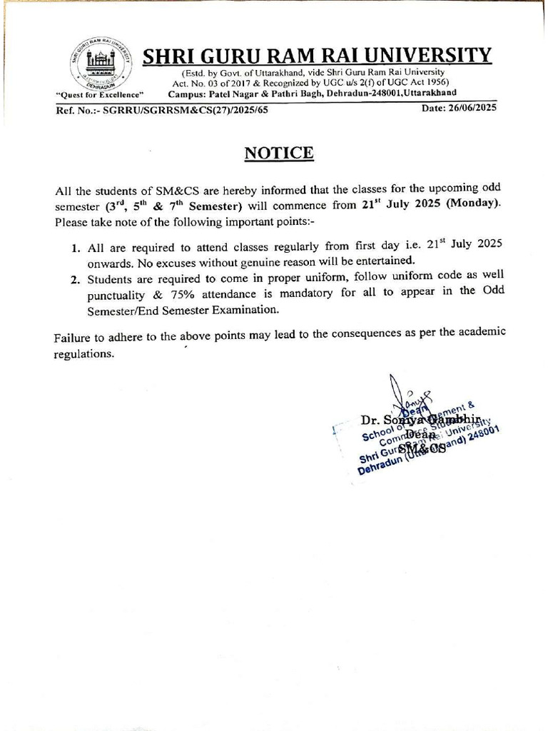 Notice - Commencement of Classes | PDF