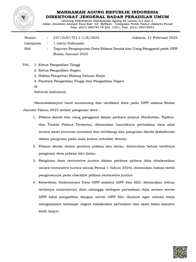 Surat Teguran Penginputan Data SIPP Januari 2025 Sign | PDF
