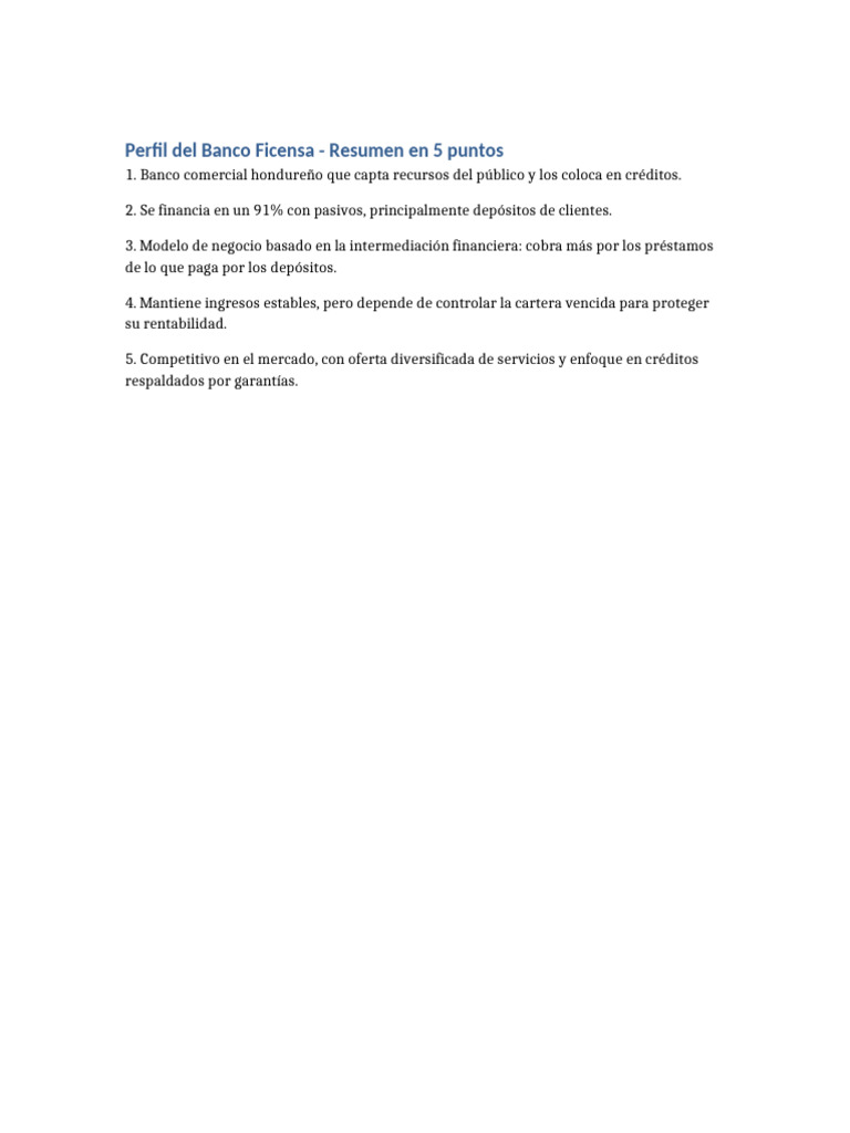 Banco Ficensa: Perfil y Modelo Financiero | PDF