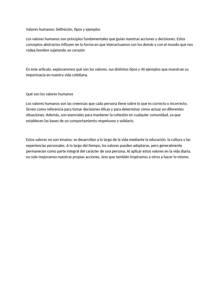 Valores humanos: Definición y ejemplos | PDF