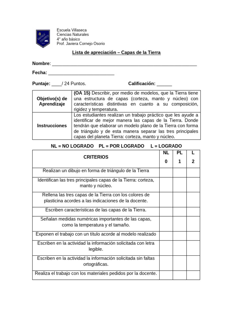 Pauta de Evaluación - Capas de La Tierra 4° Básico | PDF