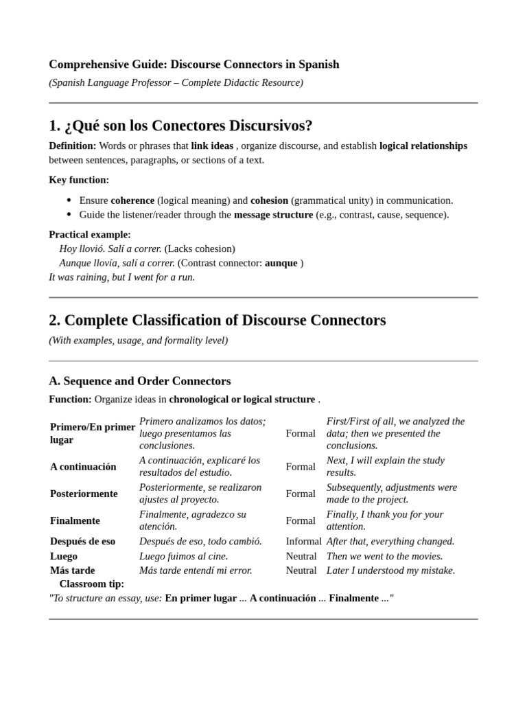 Comprehensive Guide: Discourse Connectors in Spanish | PDF