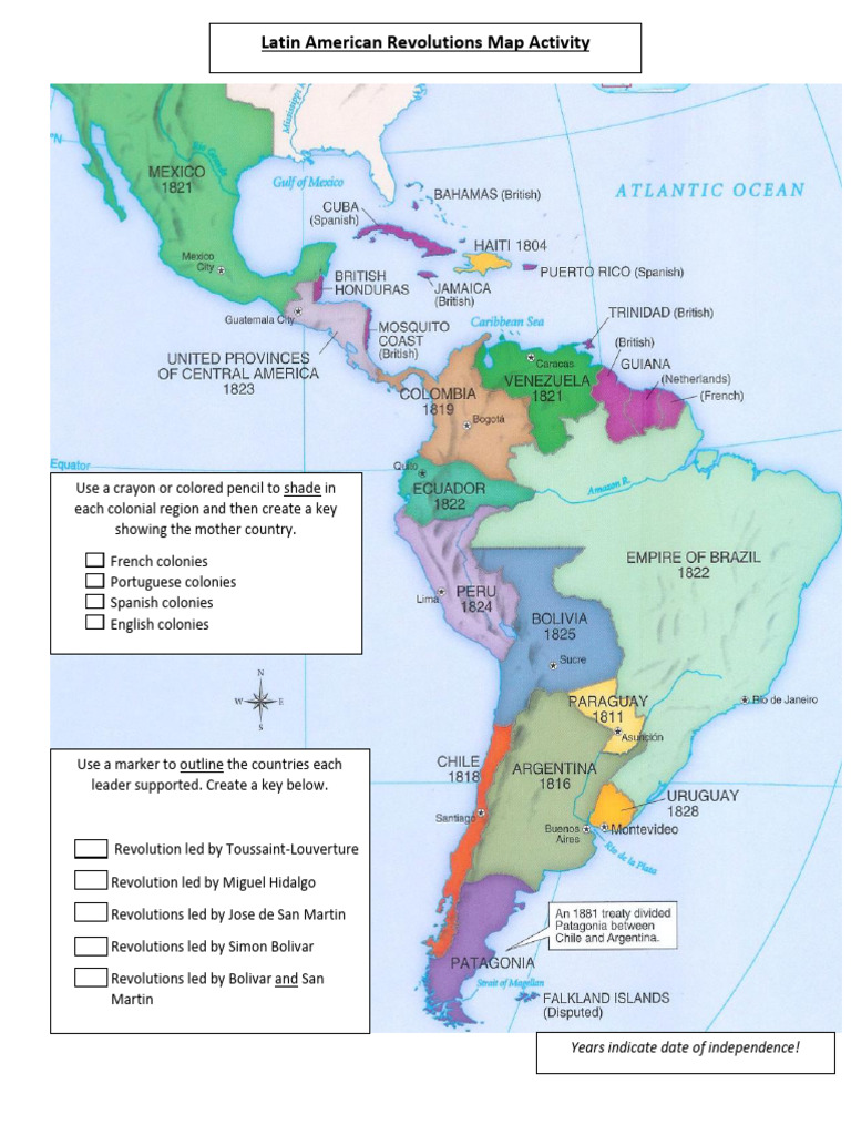 Latin American Revolutions Map Activity: Years Indicate Date of ...