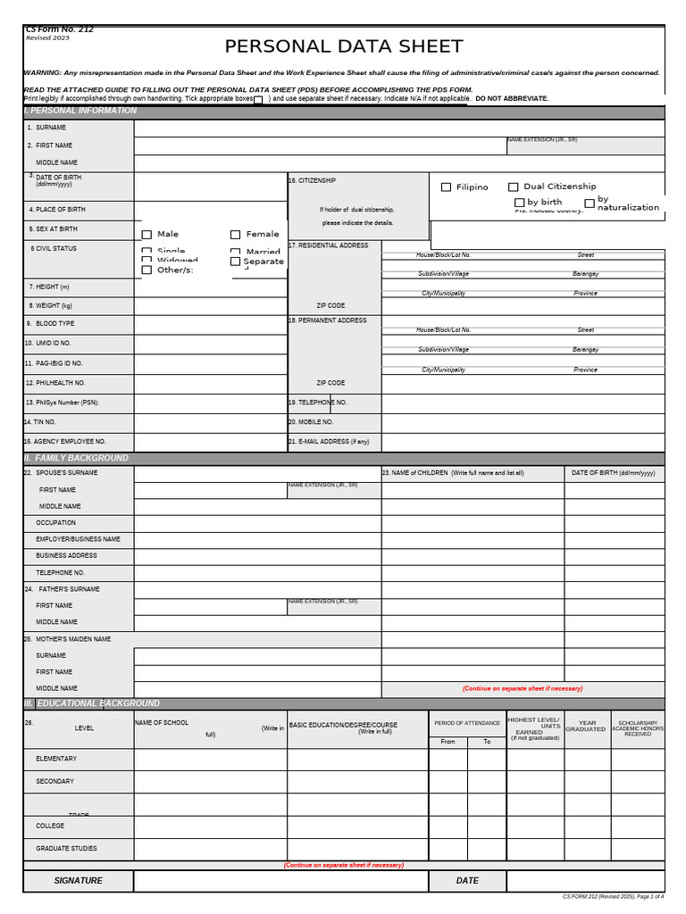 ANNEX H-1 - CS Form No. 212 Revised 2025 - Personal Data Sheet | PDF ...